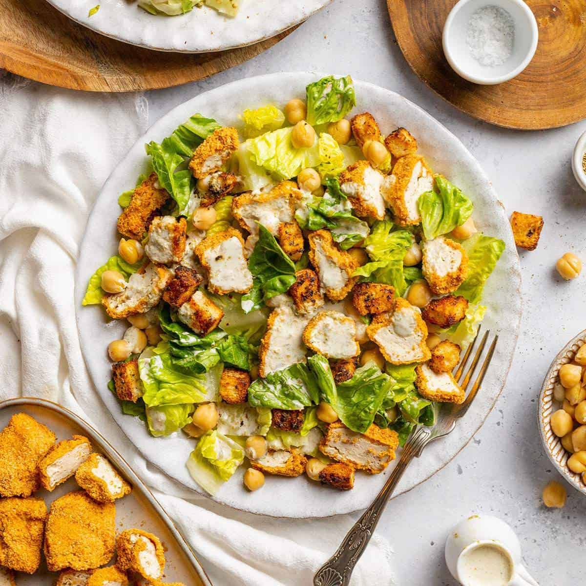 Easy Tofu Caesar Salad with Crispy Croutons (Vegan)